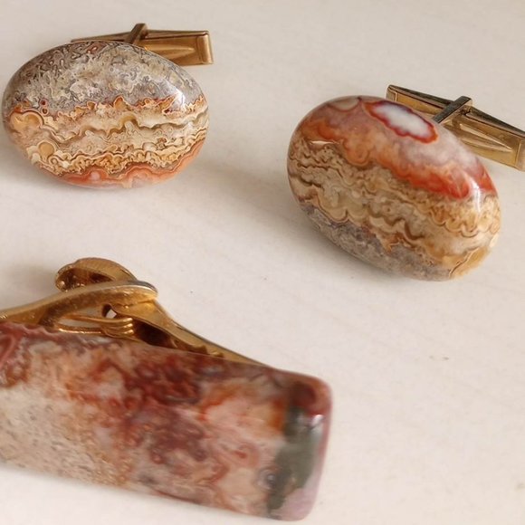 Accessories | Vintage 12k Gold Filled Crazy Lace Agate Cufflinks Tie ...